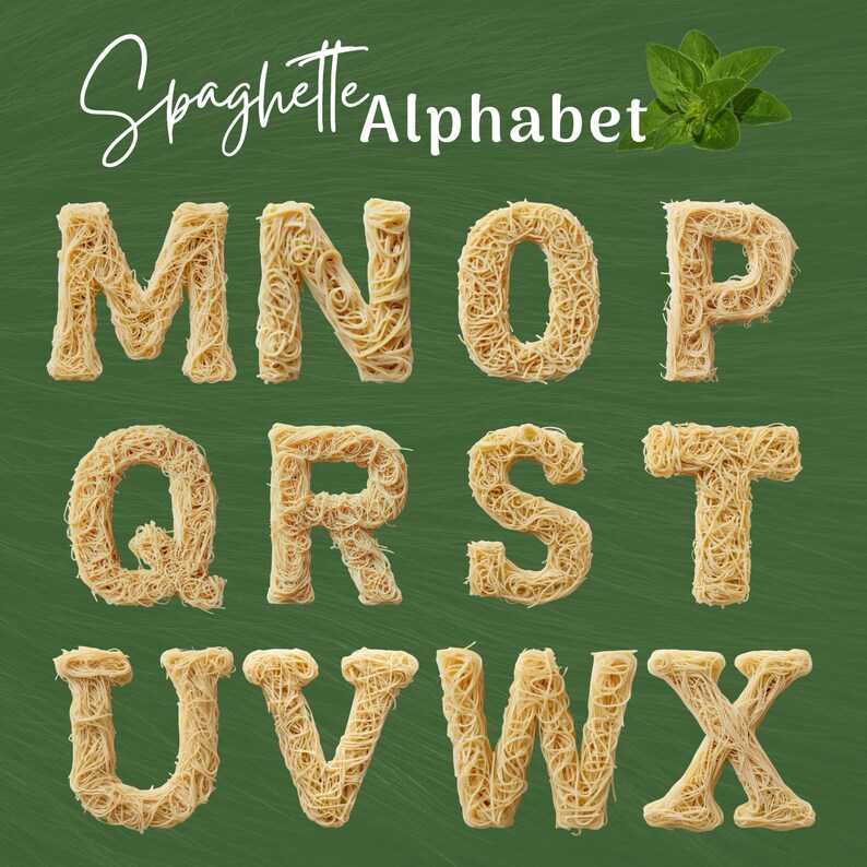 Spaghetti Alphabet Clipart, Pasta Letters and Numbers PNG, Food Font ...
