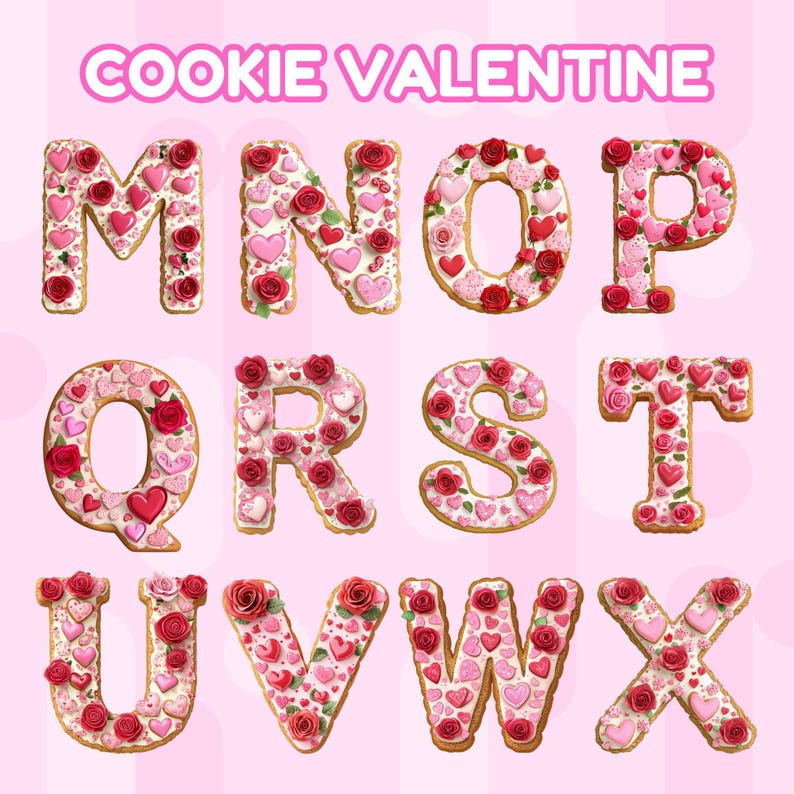 Valentine Cookie Alphabet Clipart: Heart & Rose Letters (PNG Digital ...