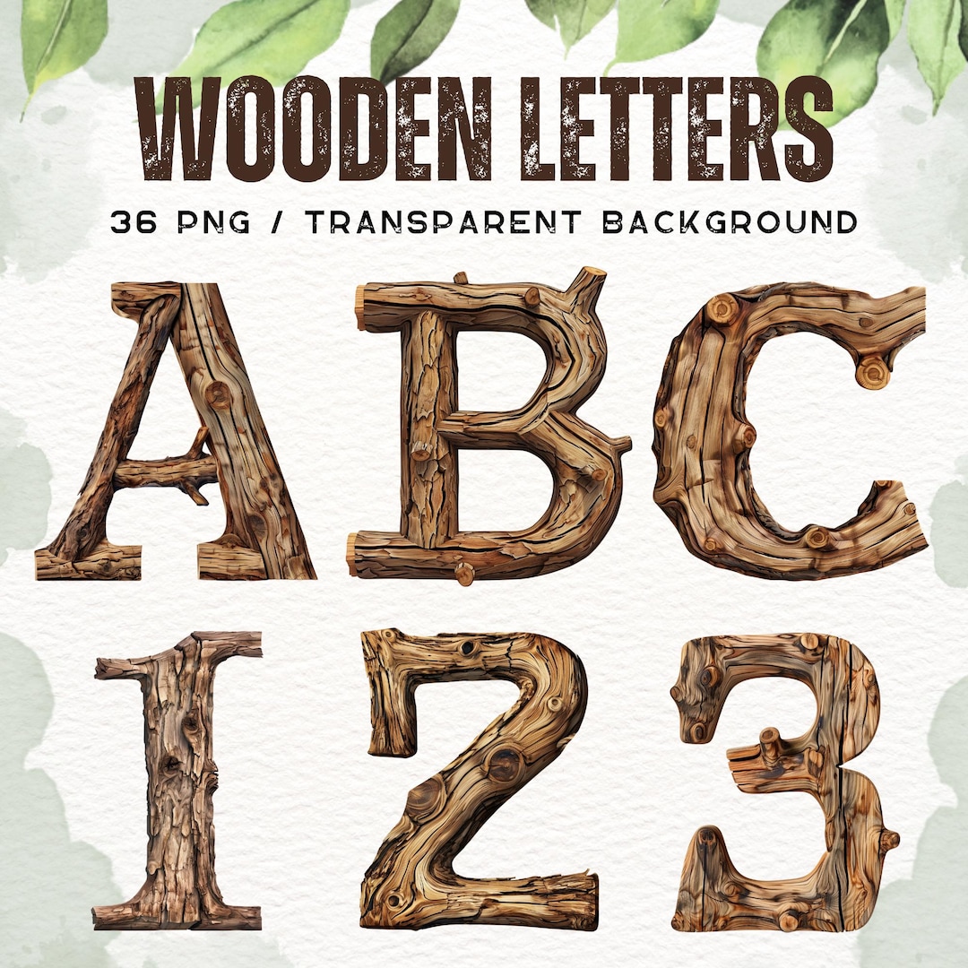 Wooden Letters Clipart, Rustic Letters, 36 PNG, Rustic Alphabet, Wooden ...
