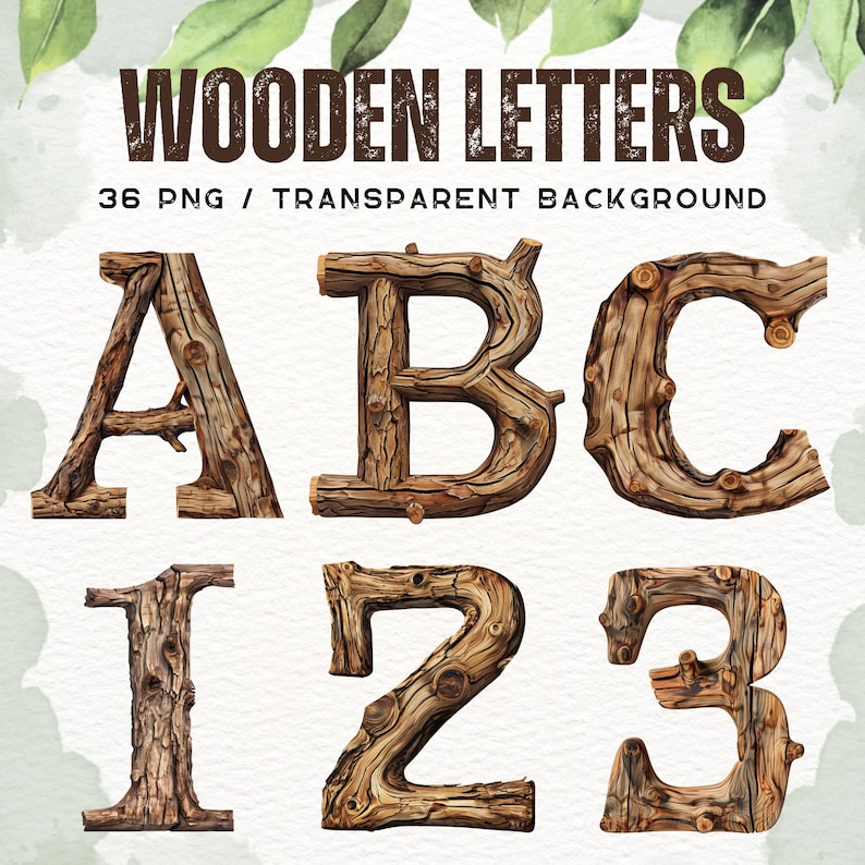 Wooden Letters Clipart, Rustic Letters, 36 PNG, Rustic Alphabet, Wooden ...