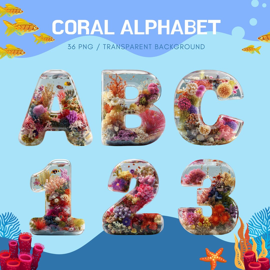 Coral Alphabet PNG | Ocean Glass Letters & Numbers | Underwater ABC ...