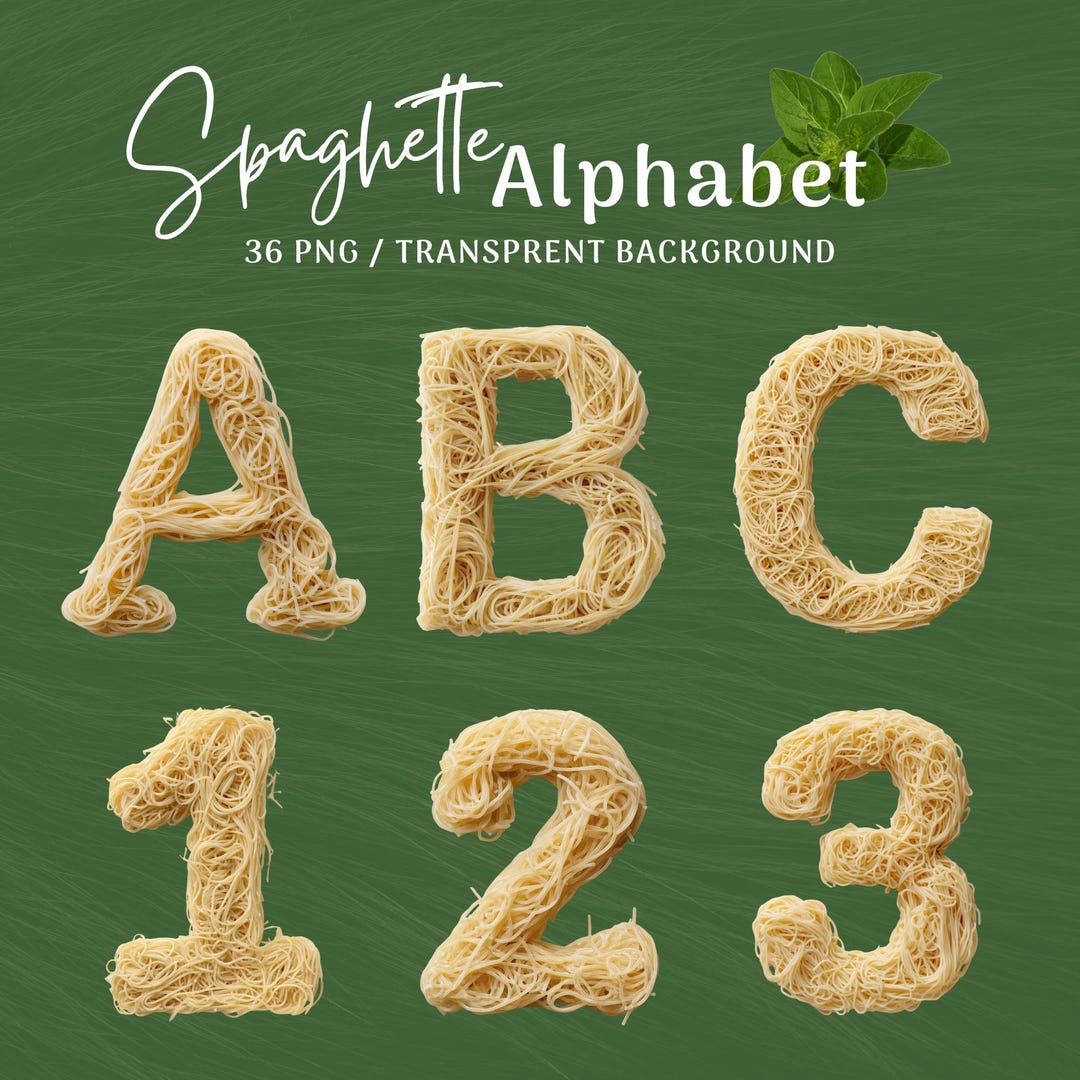 Spaghetti Alphabet Clipart, Pasta Letters and Numbers PNG, Food Font ...