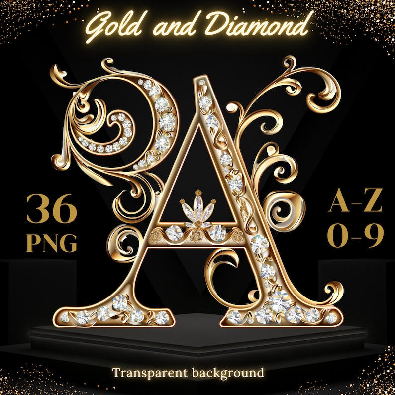 Diamond Letters, Diamond Alphabet, 36 PNG, Gold Alphabet, Gold Letters ...