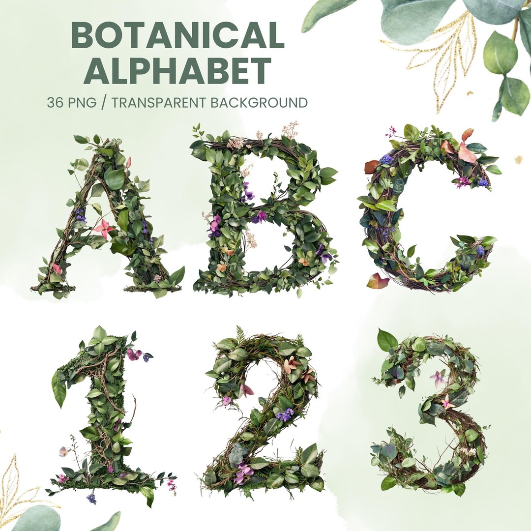 Botanical Vine Alphabet Clipart: Greenery Letters & Numbers PNG ...