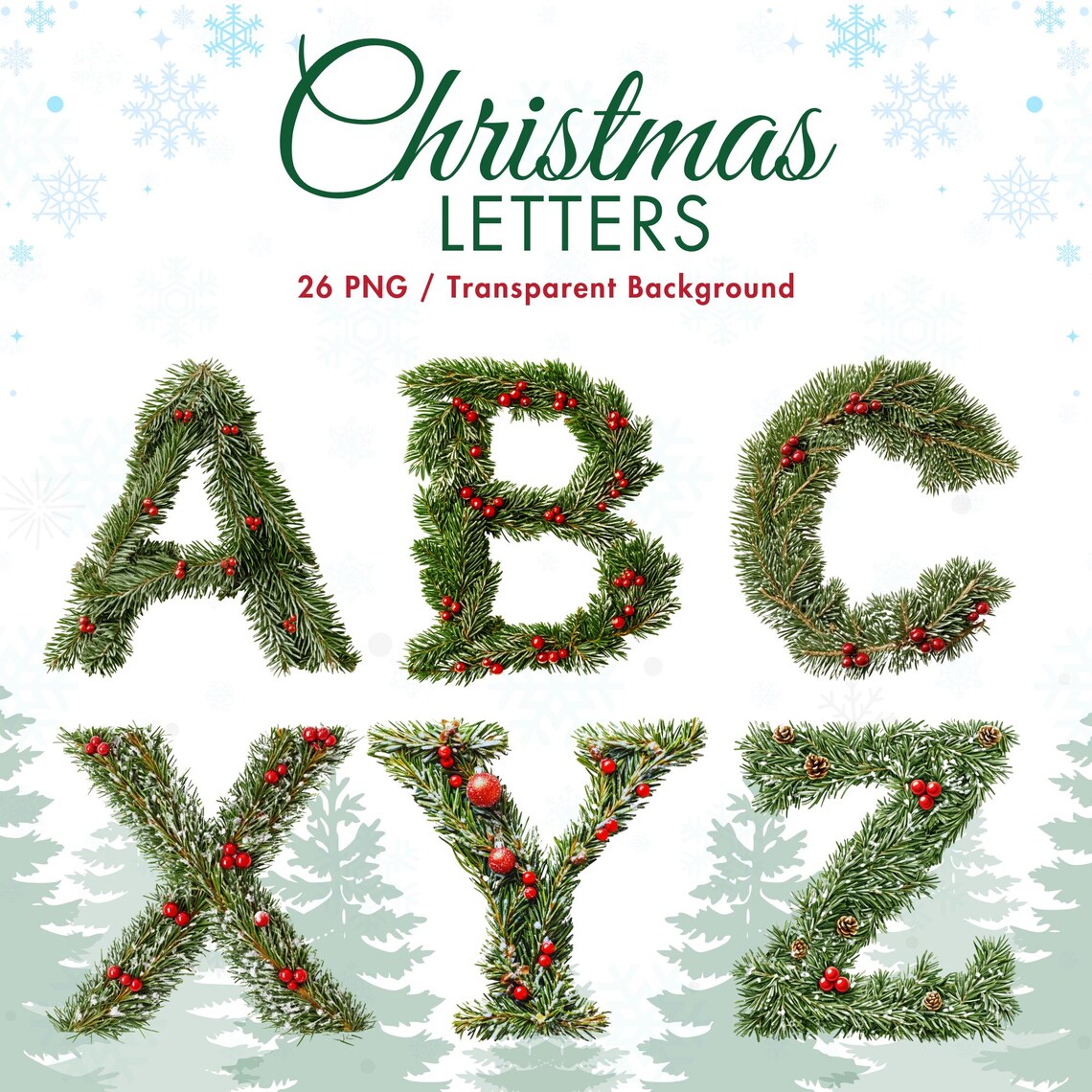 Christmas Letters Clipart, 26 PNG, Christmas Alphabet Set, Festive Pine ...