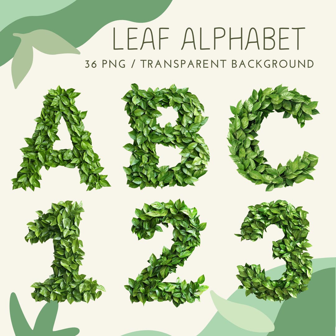 Leaf Alphabet Clipart, Green Leaves Letters 36PNG, Nature Font for ...
