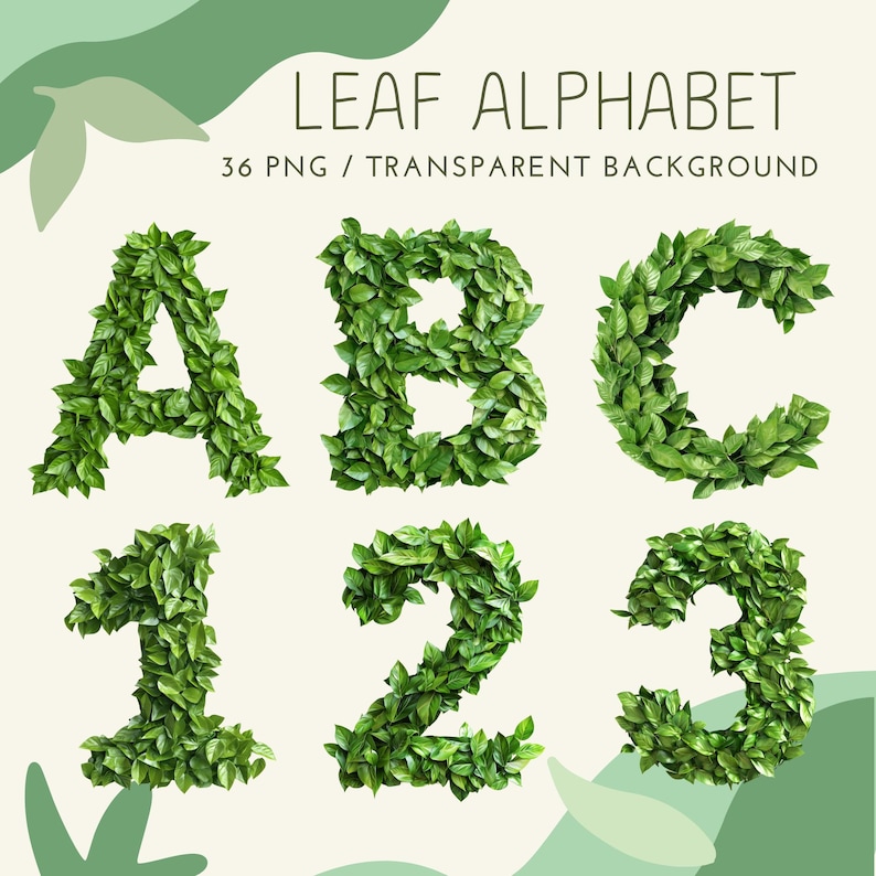 Leaf Alphabet Clipart: Green Nature Font (36 PNG) - Etsy