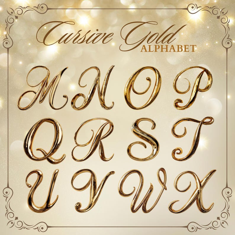Cursive Gold Alphabet Clipart, Metallic Font PNG Digital Download - Etsy