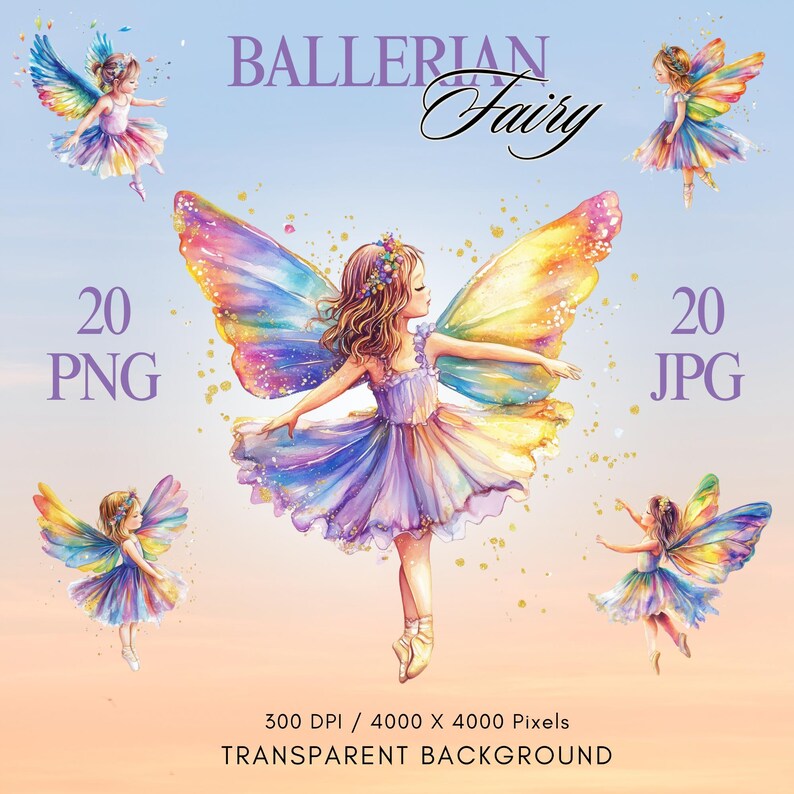 Ballerina Fairy, Cute Fairy Clipart, 20 PNG/JPG, Fairy Wings, Ballet ...