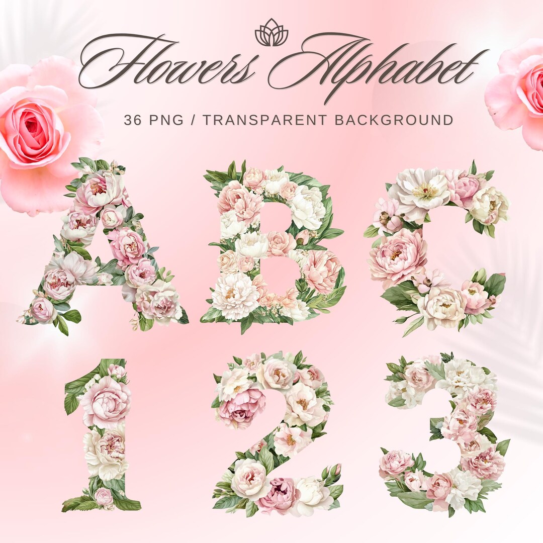 Floral Alphabet Clipart 36 PNG, Elegant Pink Flower Letters, Pastel ...