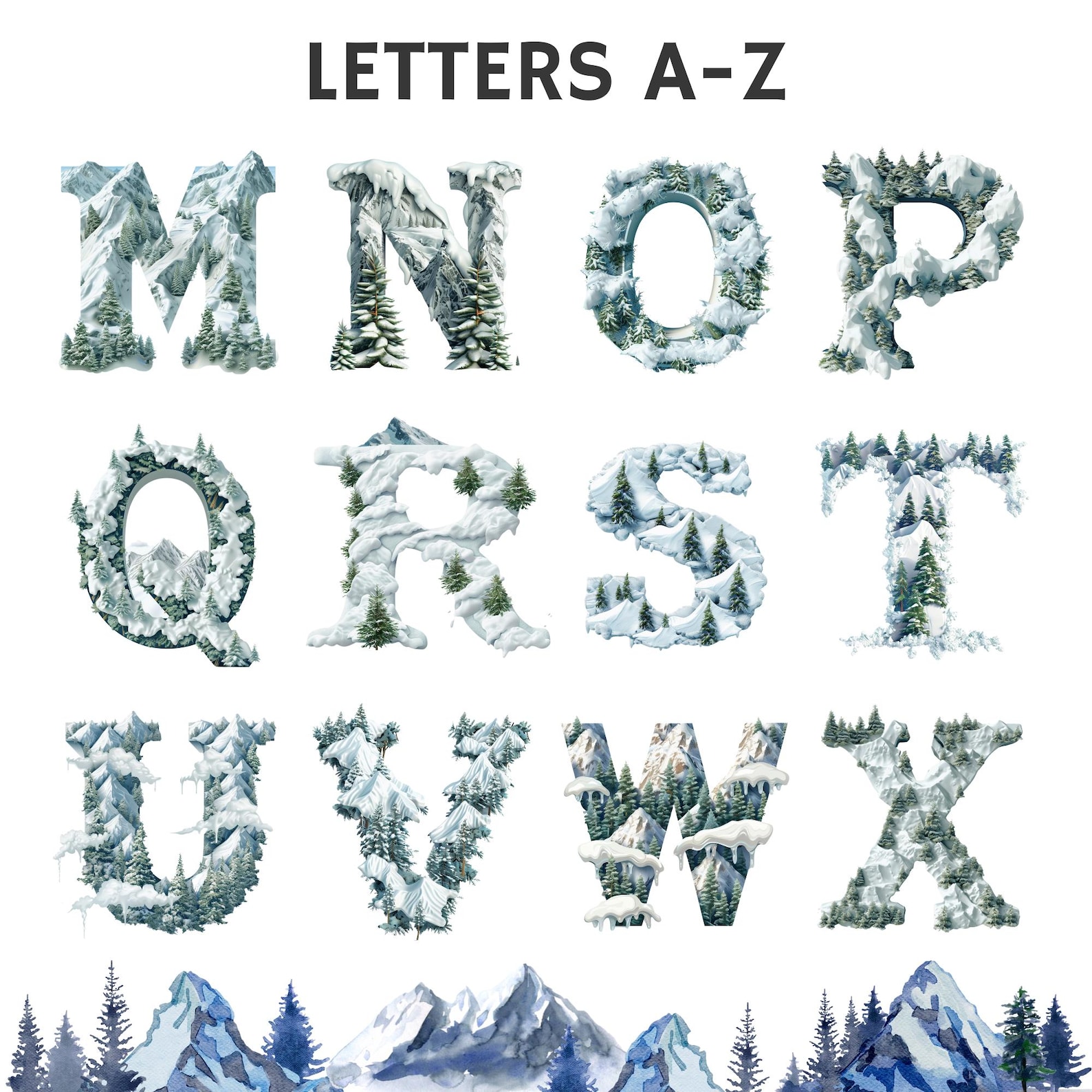Snow Alphabet Letters Clipart, Winter Mountain Letters PNG, Snowy Font ...