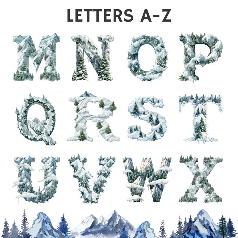 Snow Alphabet Letters Clipart, Winter Mountain Letters PNG, Snowy Font ...