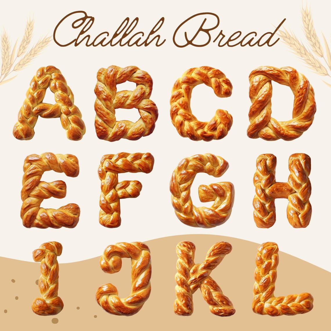 Challah Bread Alphabet Clipart, Braided Bread Letters 36 PNG, Bakery ...