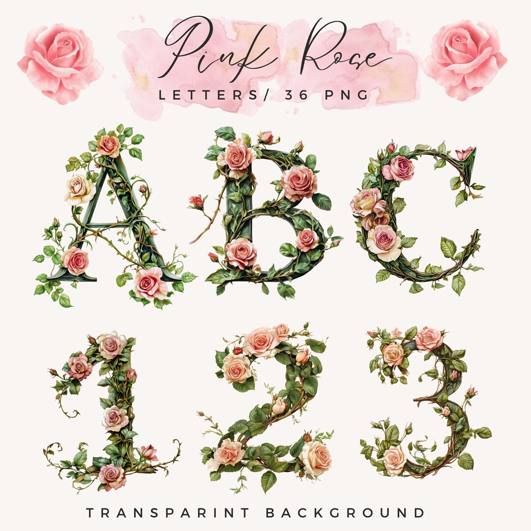 Floral Rose Alphabet: Pink Flower Letters & Numbers 36 PNG - Etsy