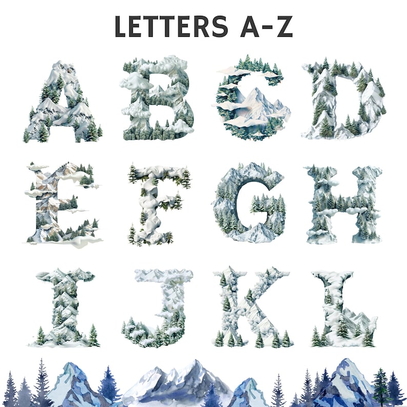Snow Alphabet Letters Clipart, Winter Mountain Letters PNG, Snowy Font ...