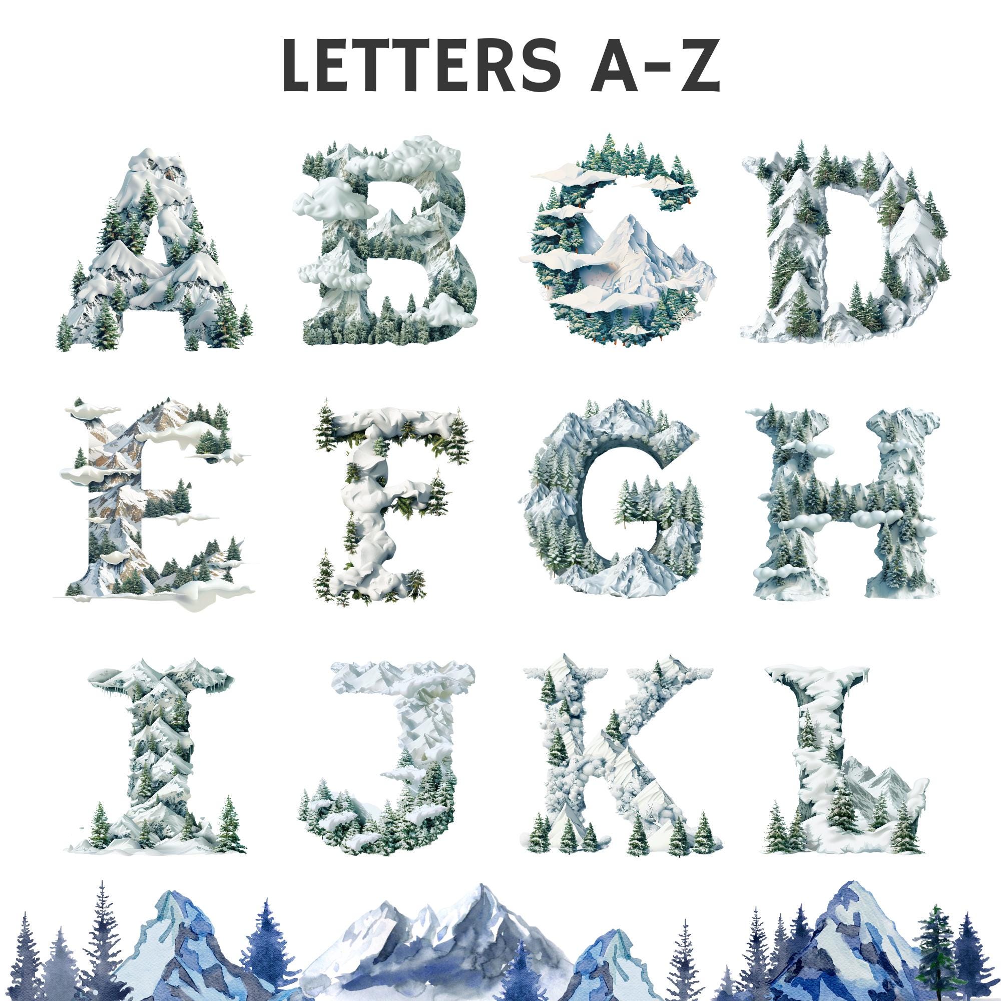 Snow Alphabet Letters Clipart, Winter Mountain Letters PNG, Snowy Font ...