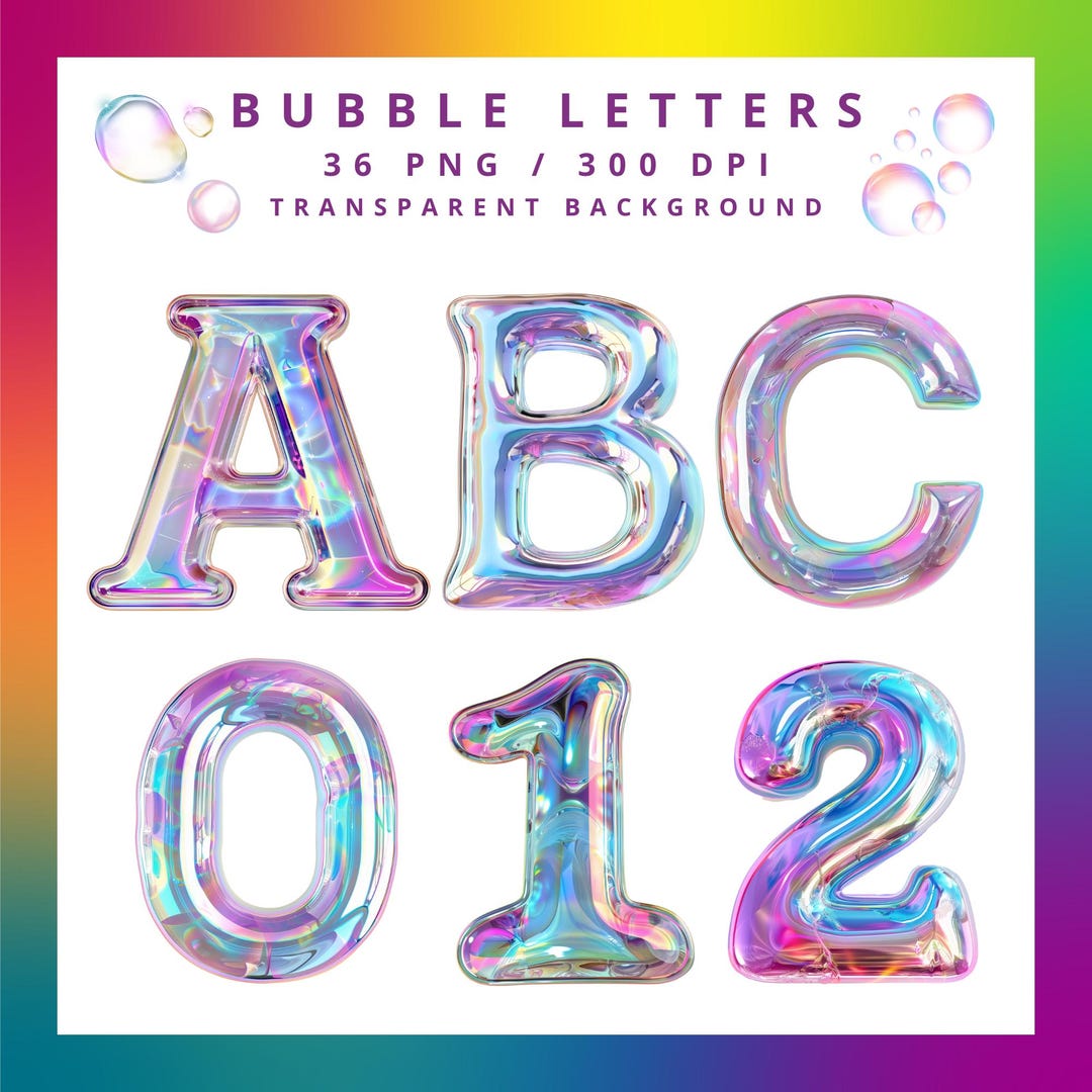 Rainbow Bubble Letters, Foil Balloon Letters, 36 PNG, Balloon Alphabet ...