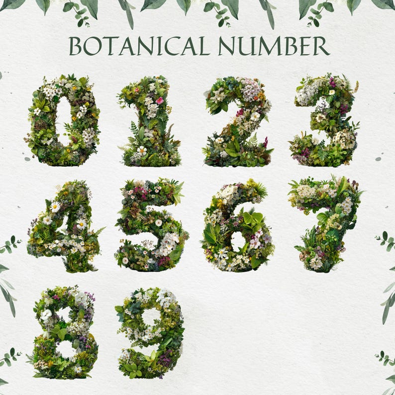 Botanical Alphabet, Floral Letters & Numbers Clipart, Greenery Garden ...