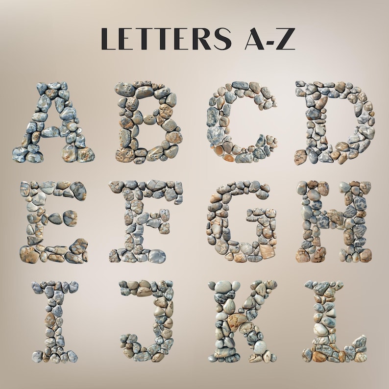 Stone Alphabet Clipart: Rock Letters and Numbers PNG (digital Download ...