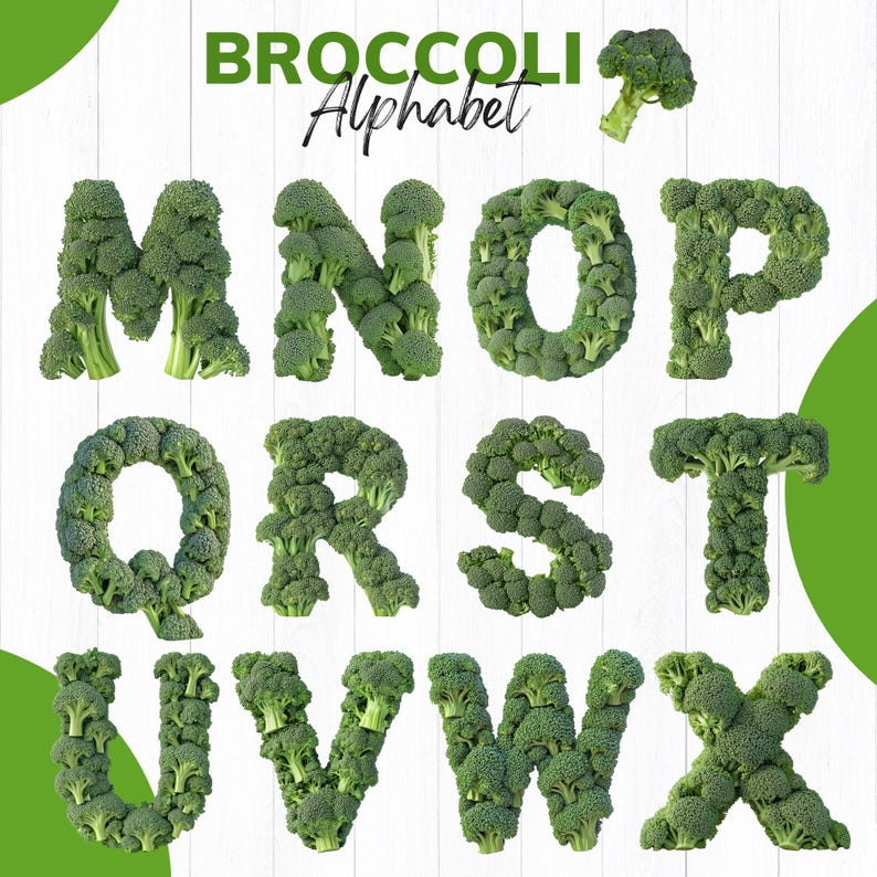 Broccoli Alphabet Clipart: Green Vegetable Font (36 PNG Digital ...