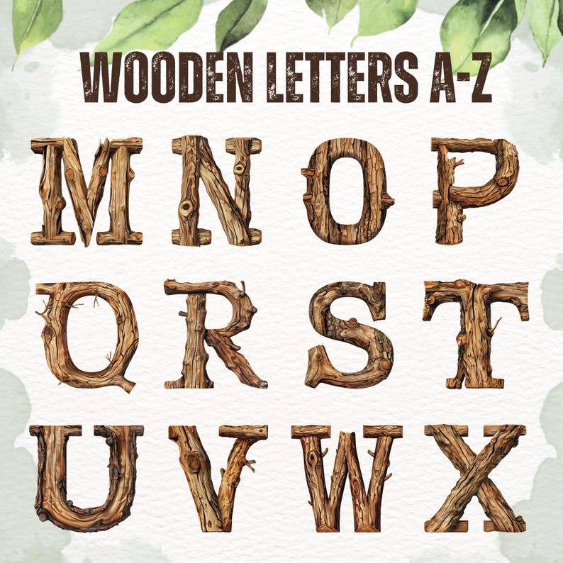 Wooden Letters Clipart, Rustic Letters, 36 PNG, Rustic Alphabet, Wooden ...