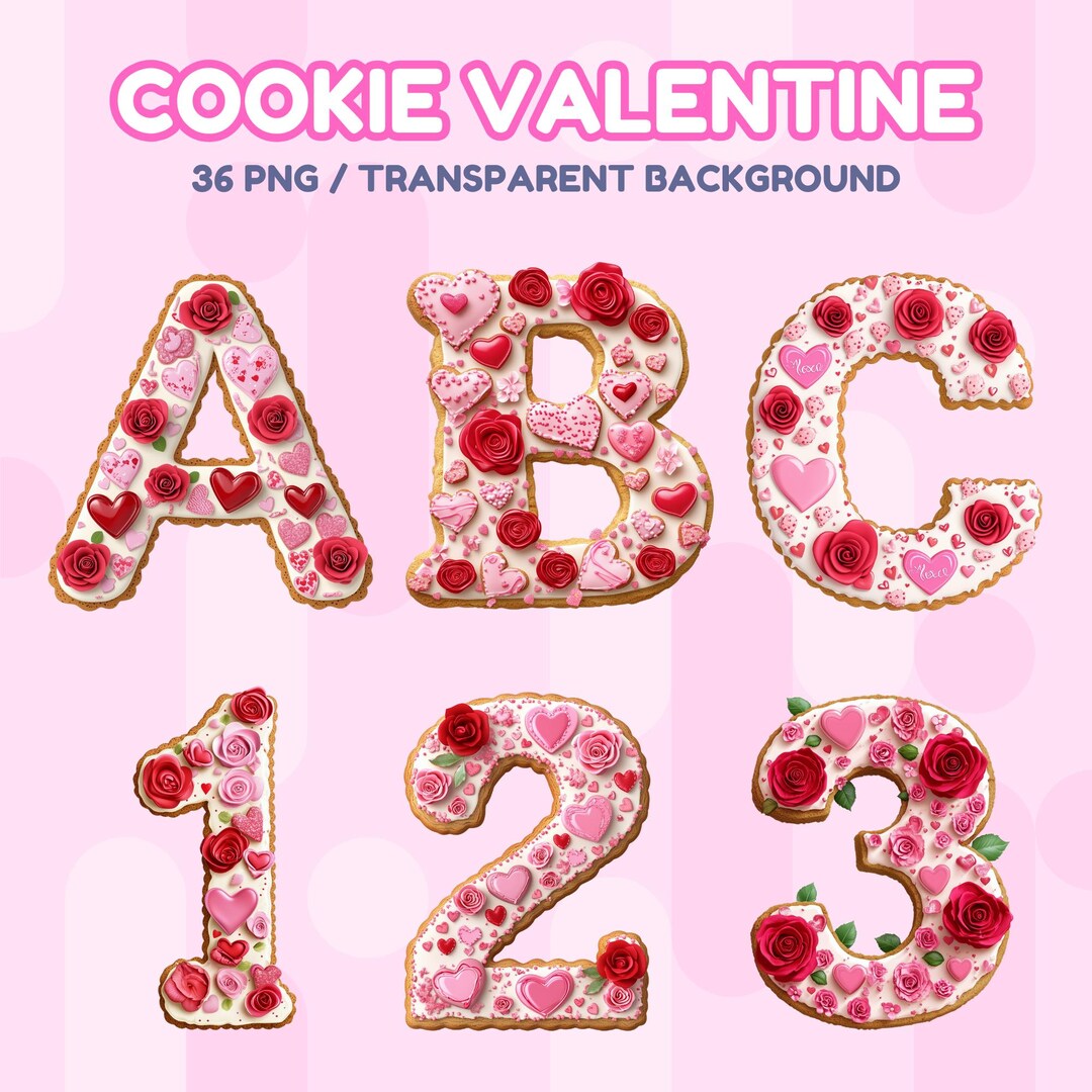Valentine Cookie Alphabet Clipart 36PNG, Sweet Heart and Rose Letters ...