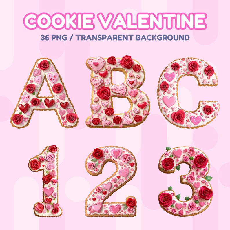 Valentine Cookie Alphabet Clipart: Heart & Rose Letters (PNG Digital ...