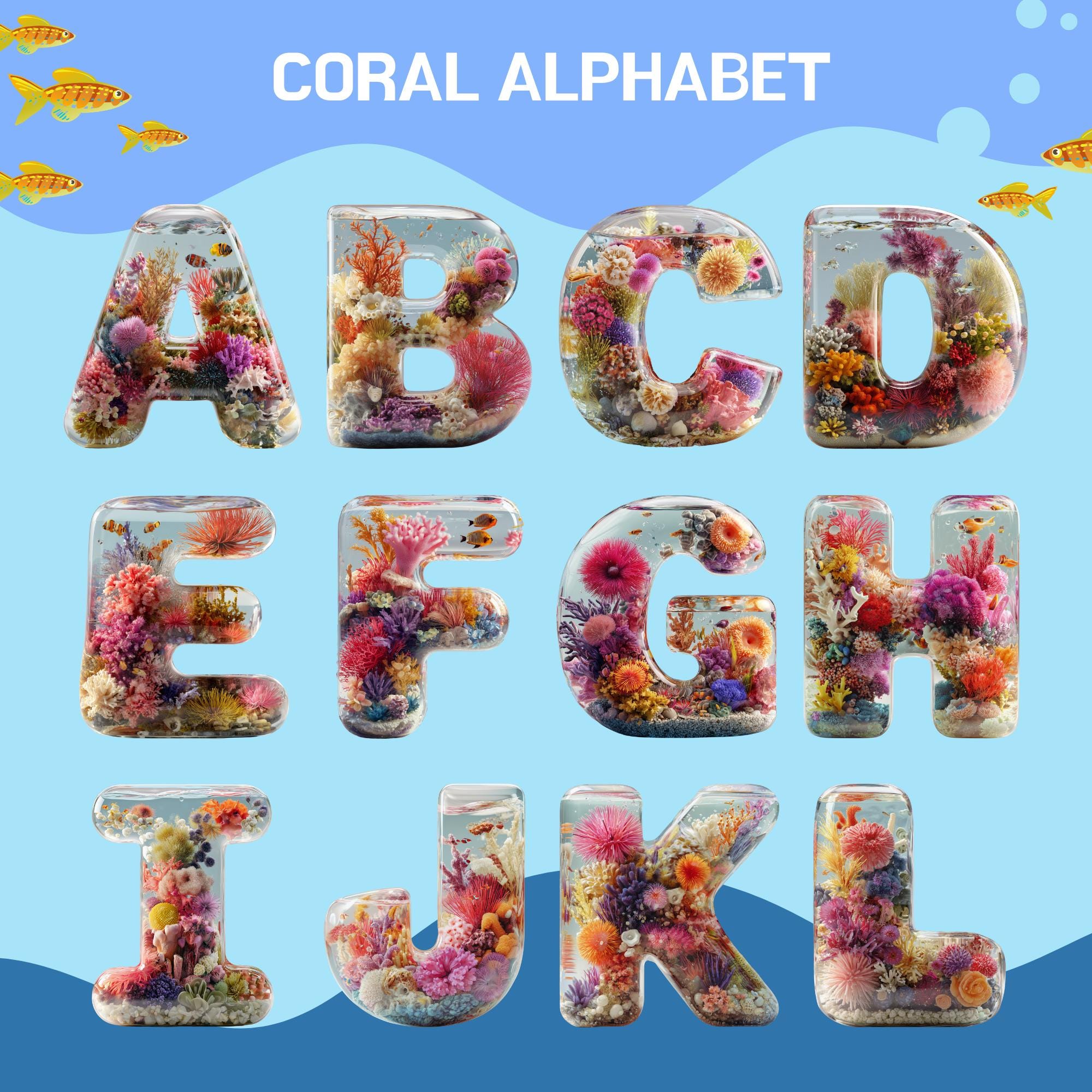 Coral Alphabet PNG | Ocean Glass Letters & Numbers | Underwater ABC ...