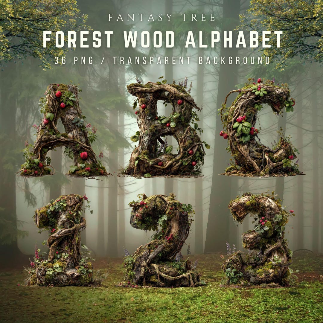 Forest Alphabet Clipart: Rustic Woodland Tree Letters, Numbers PNG ...
