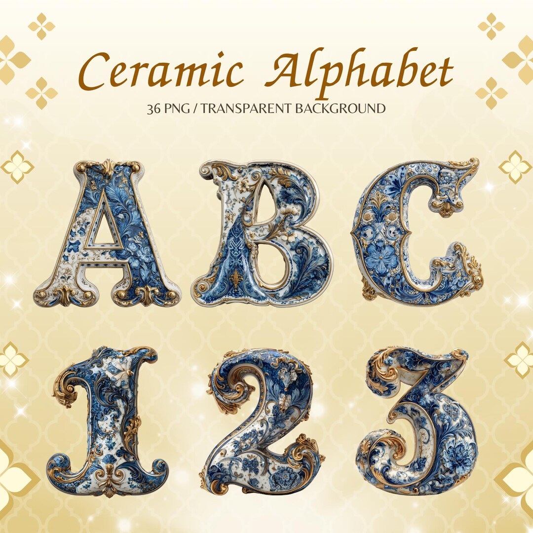 Blue Porcelain Alphabet Clipart, Floral Ceramic Font, Vintage ABC ...