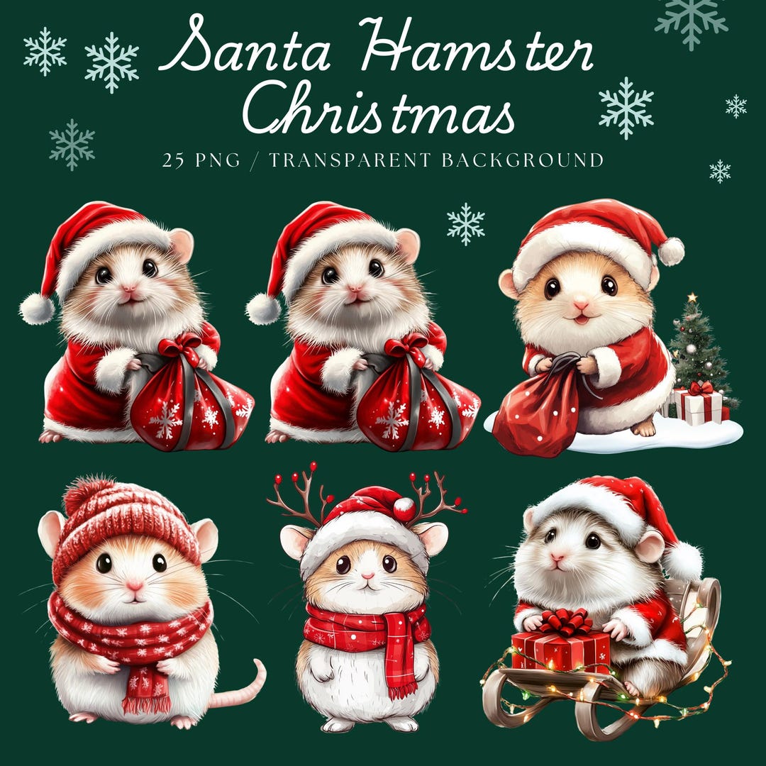 Santa Hamster Christmas Clipart 25 PNG, Cute Hamster Lover for Crafts ...