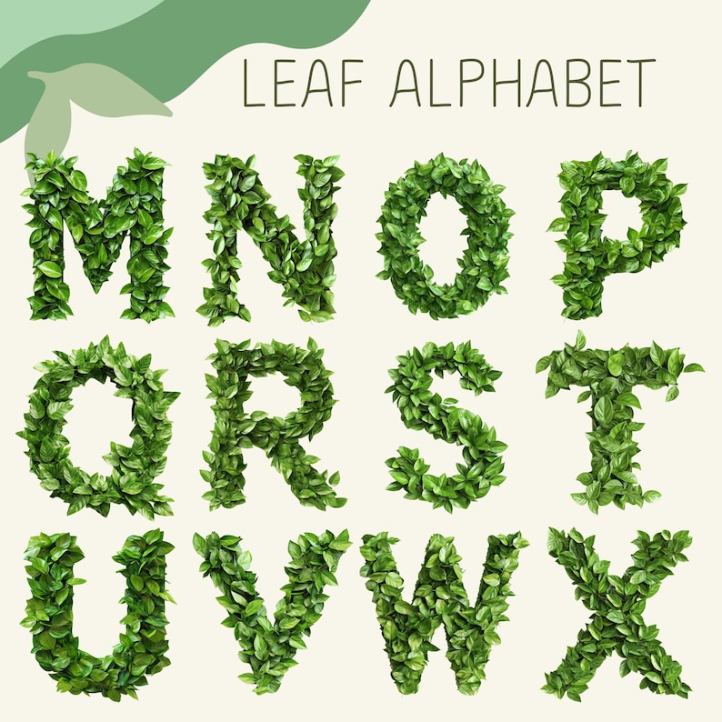 Leaf Alphabet Clipart, Green Leaves Letters 36PNG, Nature Font for ...