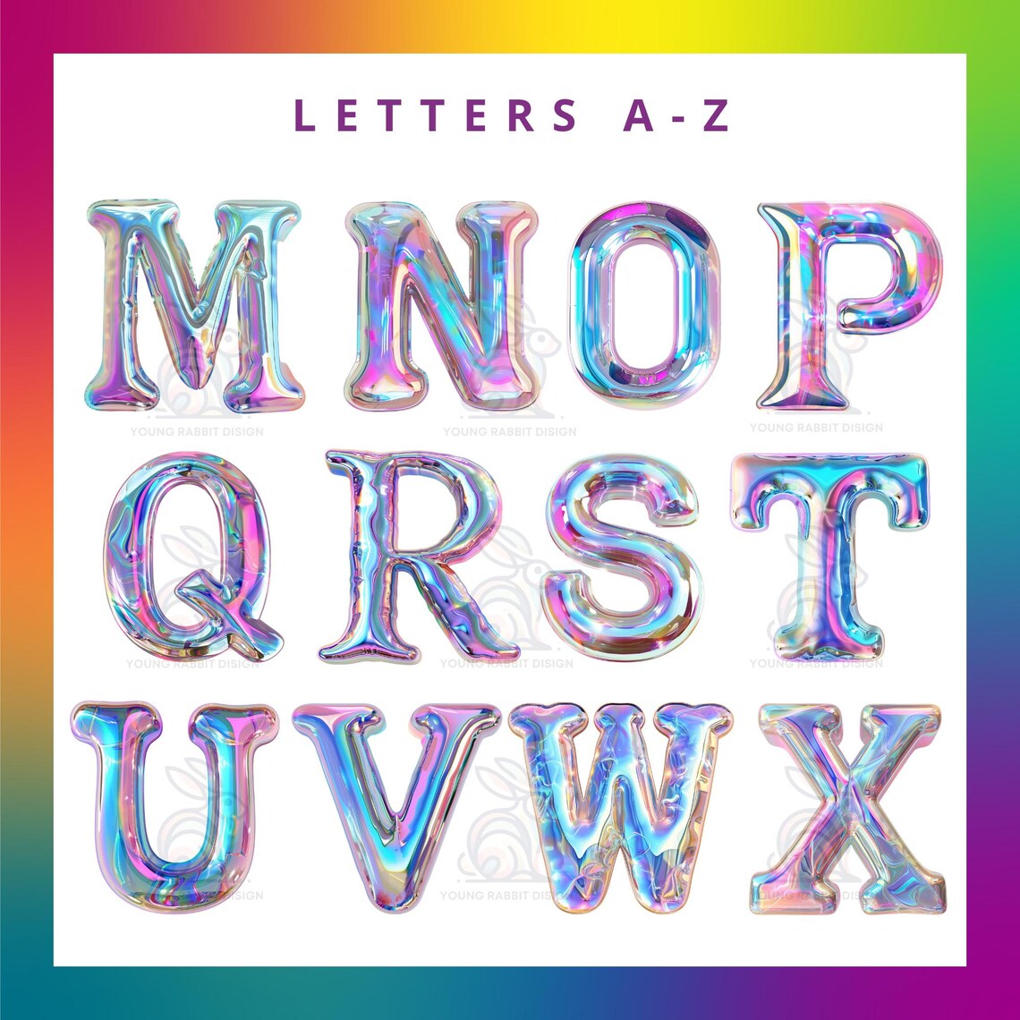 Rainbow Bubble Letters, Foil Balloon Letters, 36 PNG, Balloon Alphabet ...
