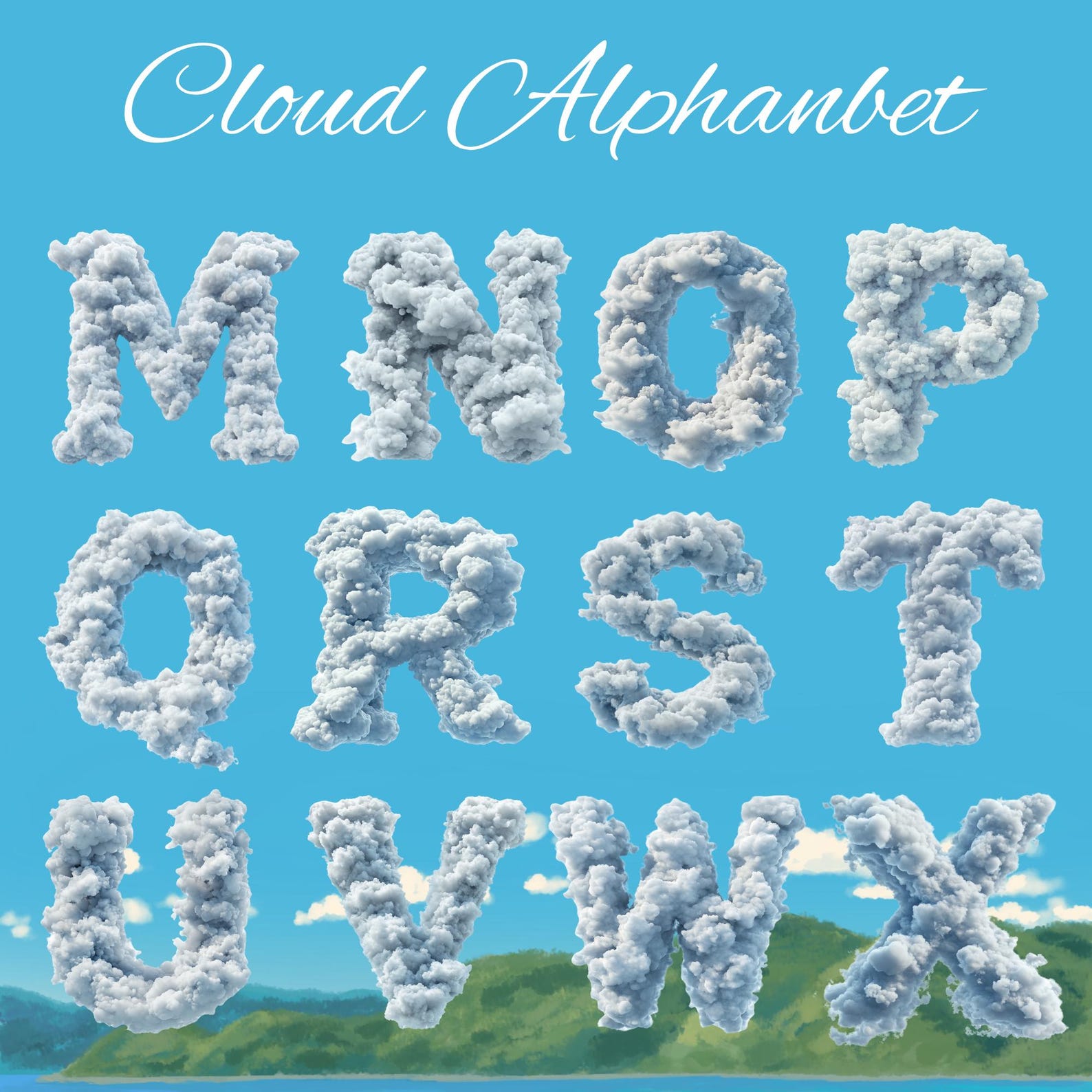 Cloud Alphabet Clipart 36 PNG, Fluffy Cloud Letters, Dreamy Sky Font ...