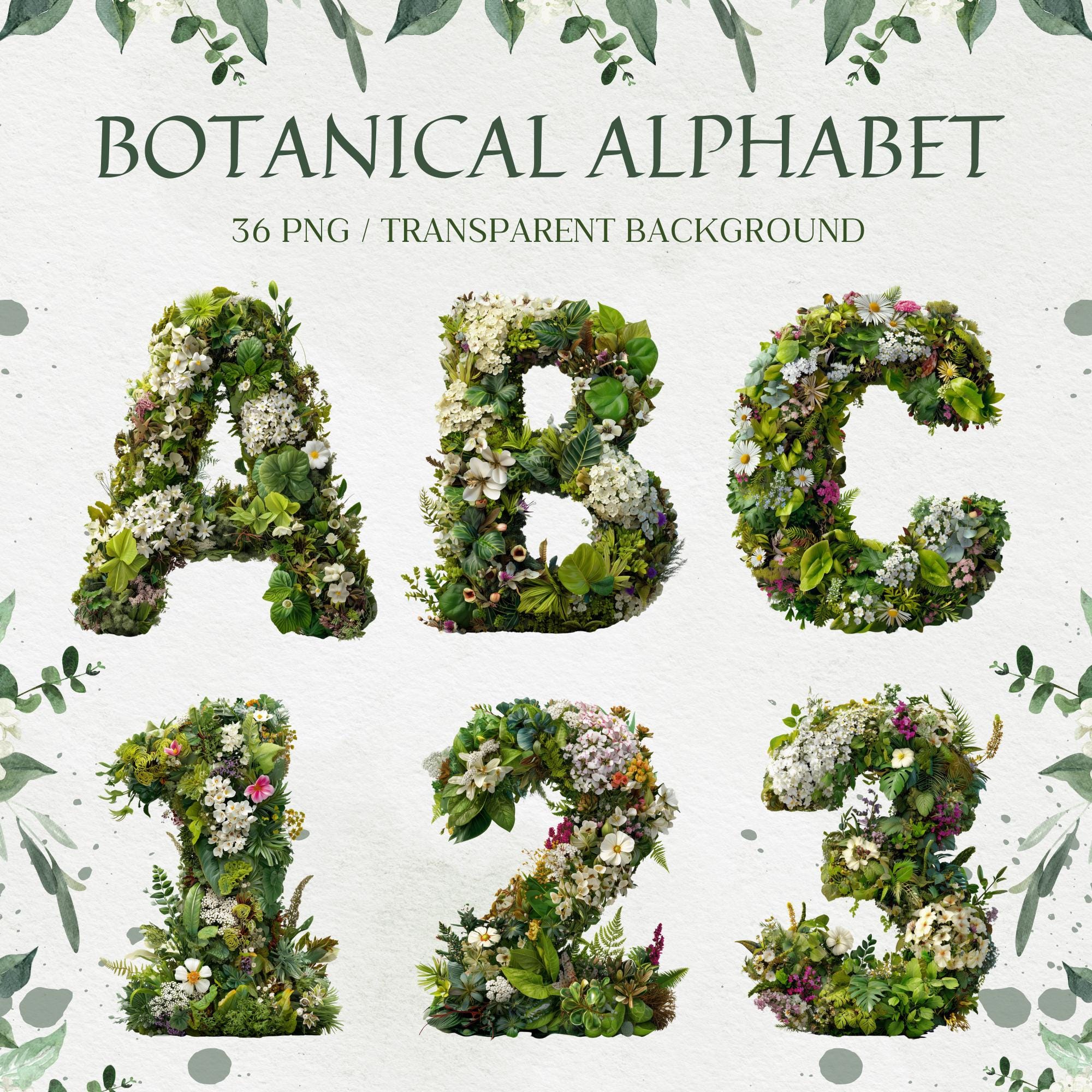 Botanical Alphabet, Floral Letters & Numbers Clipart, Greenery Garden ...