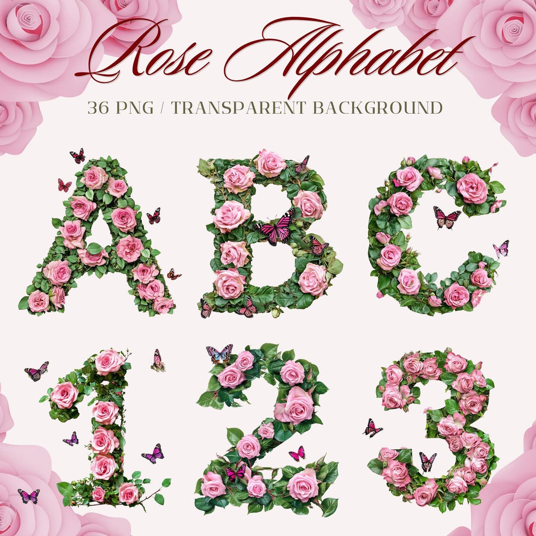 Pink Rose Alphabet Clipart, Floral Butterfly Letters PNG, Romantic ...