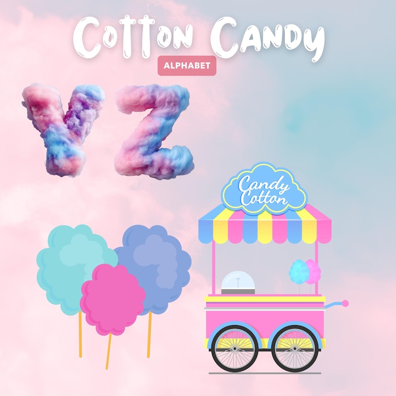 Cotton Candy Alphabet PNG: Pastel Letters & Numbers Clipart (digital ...