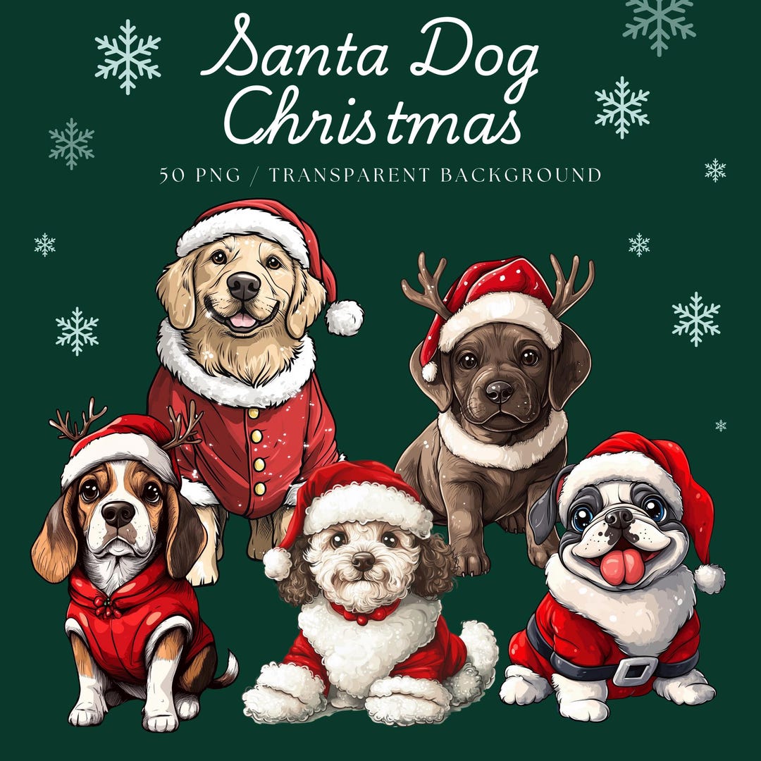 Santa Dog Christmas Clipart, Cute Dogs in Santa Hats 50 PNG, Beagle ...