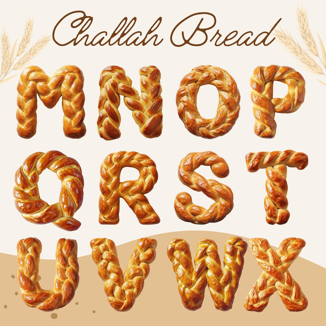 Challah Bread Alphabet Clipart, Braided Bread Letters 36 PNG, Bakery ...