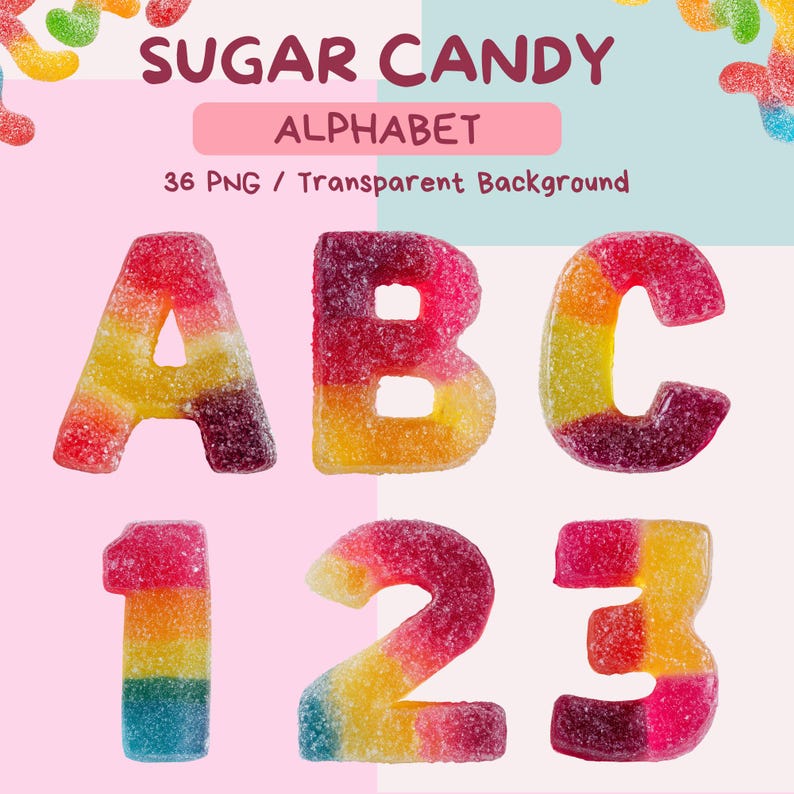 Sugar Candy Alphabet PNG: Gummy Letters and Numbers Clipart (digital ...