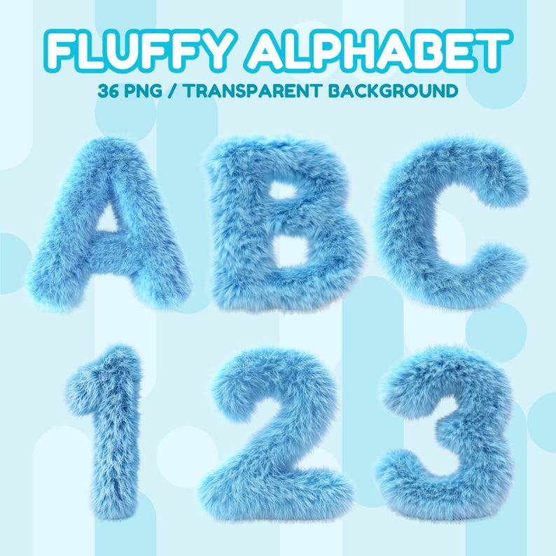 Fluffy Blue Alphabet Clipart 36 Letters and Numbers PNG, Soft Furry ...