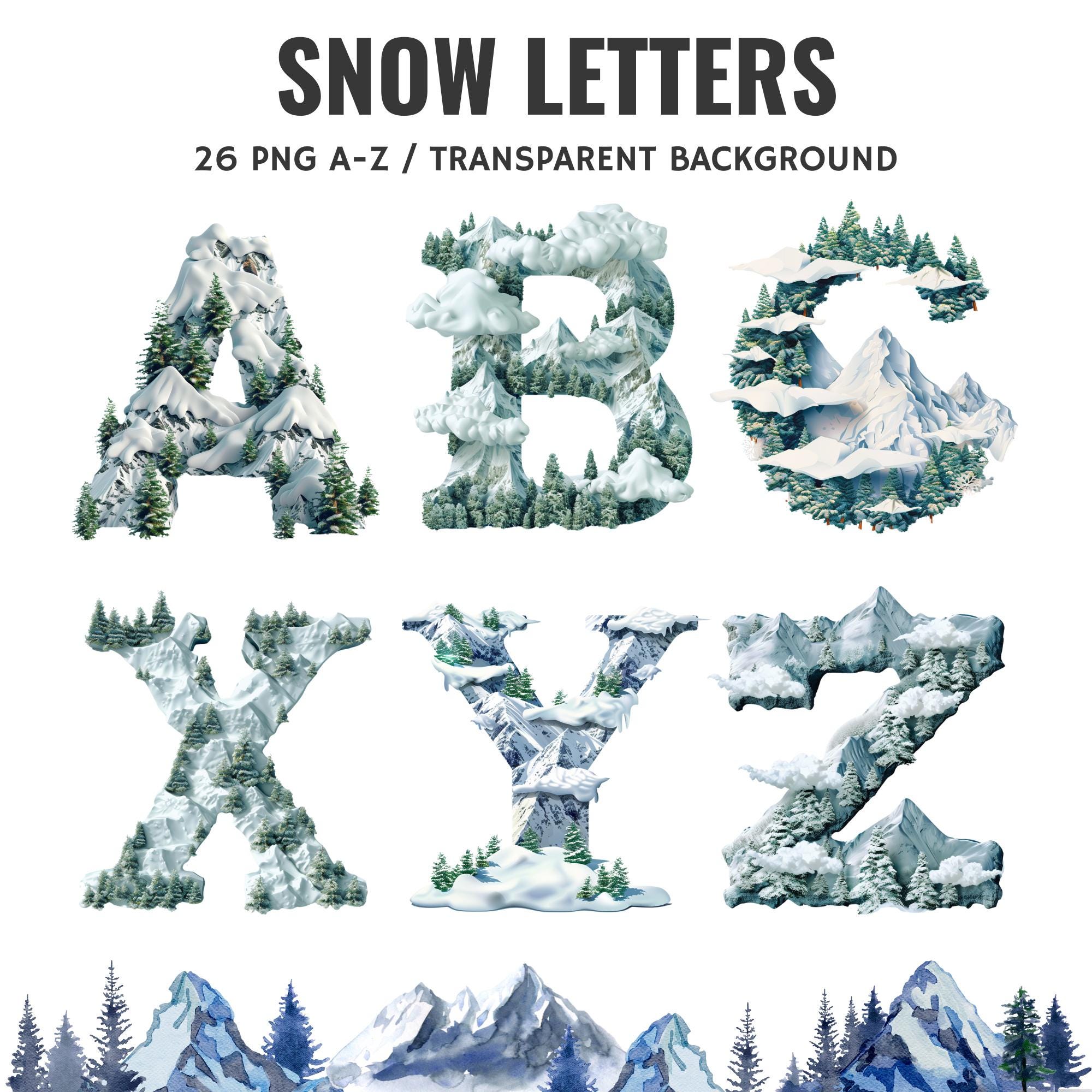 Snow Alphabet Letters Clipart, Winter Mountain Letters PNG, Snowy Font ...