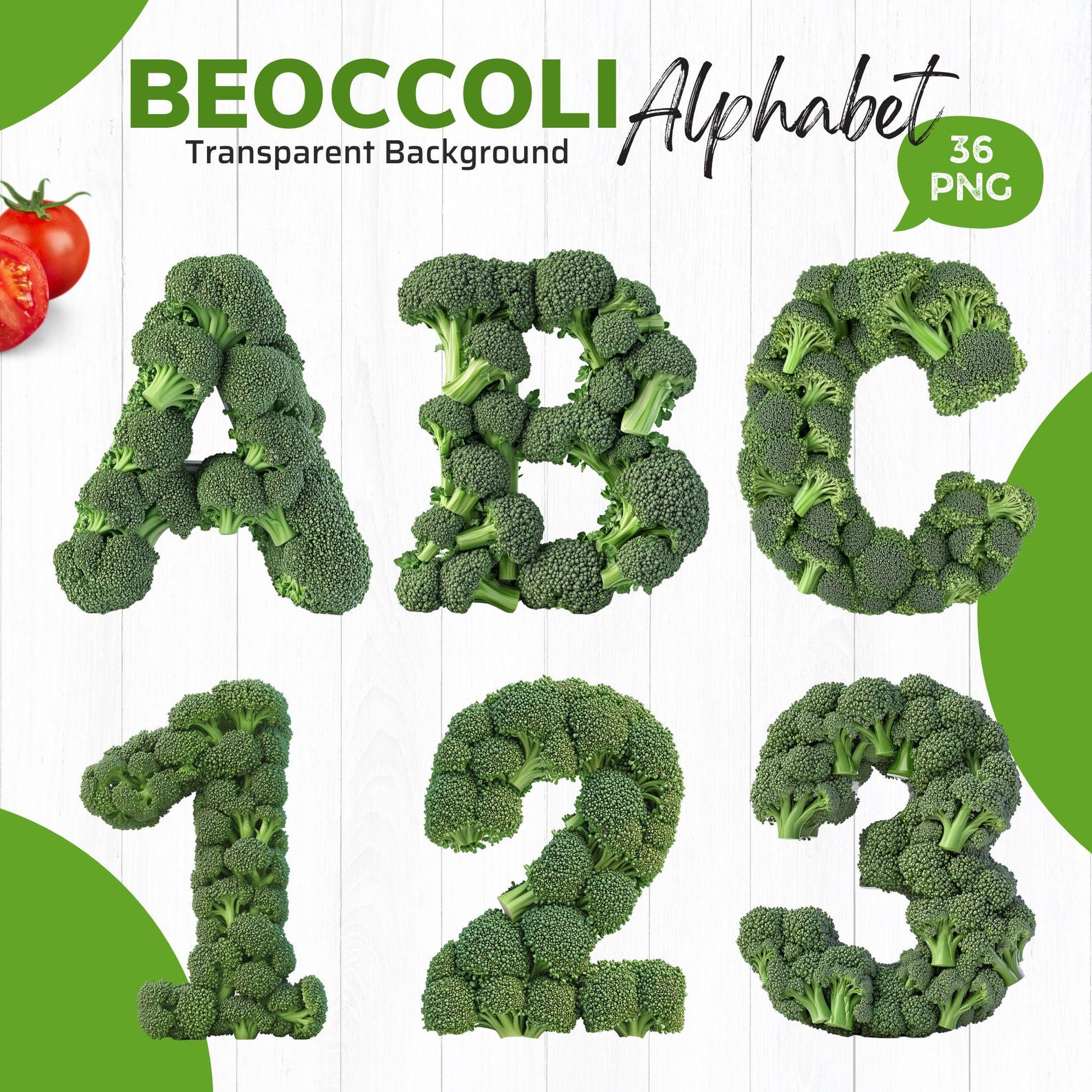 Broccoli Alphabet Clipart: Green Vegetable Font (36 PNG Digital ...