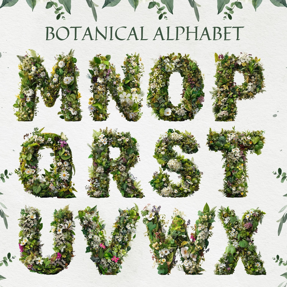 Botanical Alphabet, Floral Letters & Numbers Clipart, Greenery Garden ...