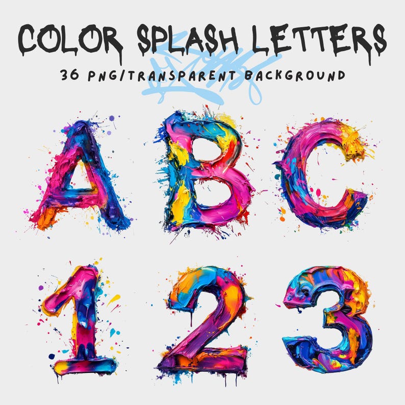 Color Splash Alphabet Clipart 36 PNG Artistic Letters, Paint Splatter ...