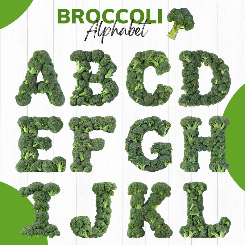 Broccoli Alphabet Clipart: Green Vegetable Font (36 PNG Digital ...