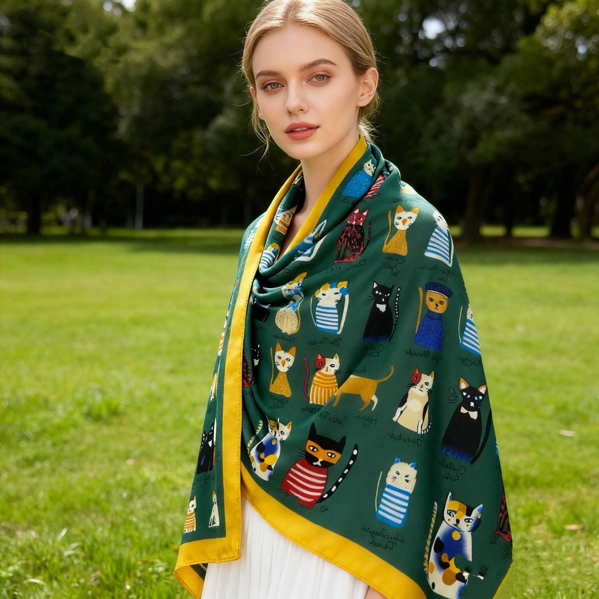 Silk Cat Print Scarf: Green Animal Neckerchief, Personalized Bandana ...