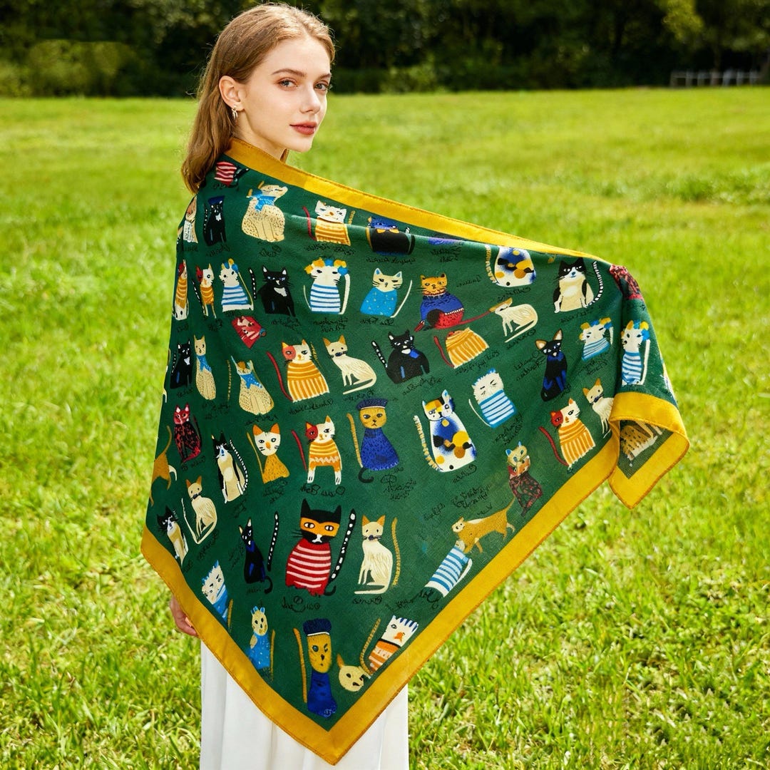Silk Cat Print Scarf: Green Animal Neckerchief, Personalized Bandana ...