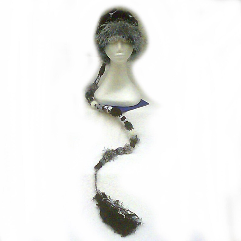 Black and White Crochet Stocking Cap- Extra Long Tail - Etsy