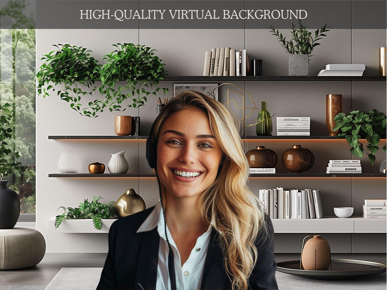 Modern Wall Bookcase Zoom Background | Realistic Home Office Virtual ...